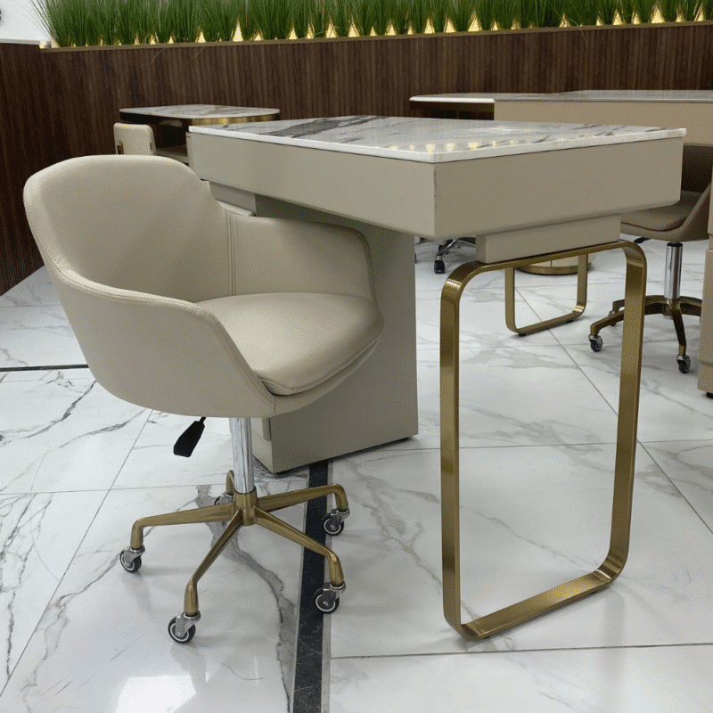 The Maia Nail Desk - Ivory & Gold with White Pattern Natural Stone Top ...