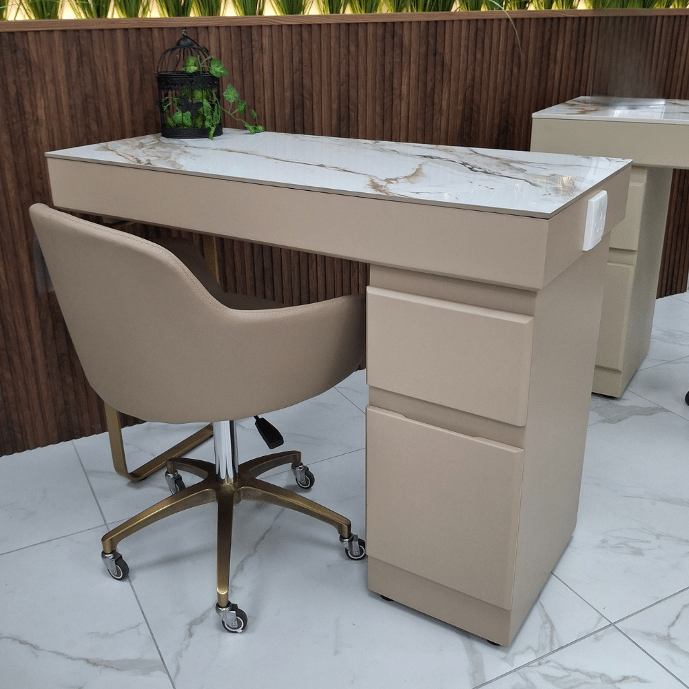 The Maia Nail Desk - Hessian & Gold with White Gold Natural Stone Top ...